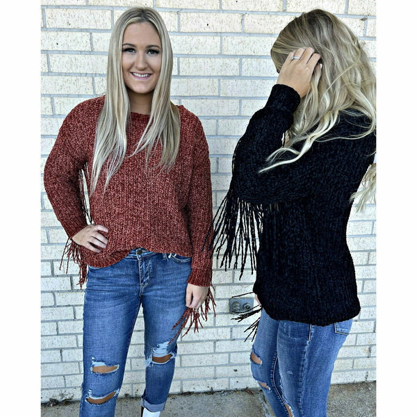 Deep Rust Chenille Sweater with Fringe Sleeve - Wren Rae Clothing